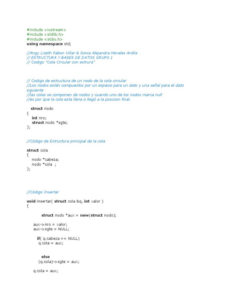 Implementación de una cola circular con estructuras en C++ | PDF | Cola ...
