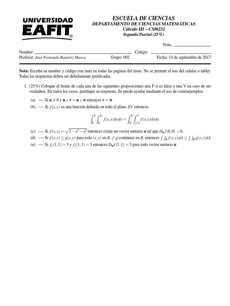 Parcial 2 C3 - 2017-2 | PDF | Integral | Vector Euclidiano