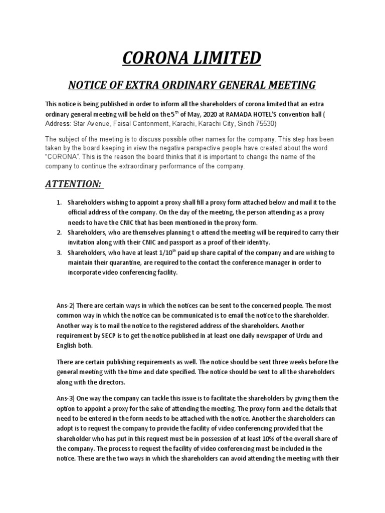Notice of Extra Ordinary General Meeting | PDF | Proxy Voting | Government