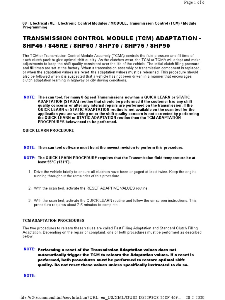 Transmission Control Module (TCM) Adaptation - 8HP45 / 845RE / 8HP50 ...