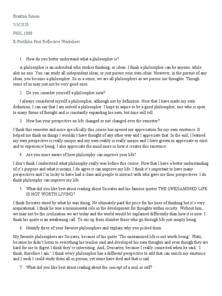 E Portfolio Post Reflective Worksheet Phil 1000 | PDF | Idea | Thought