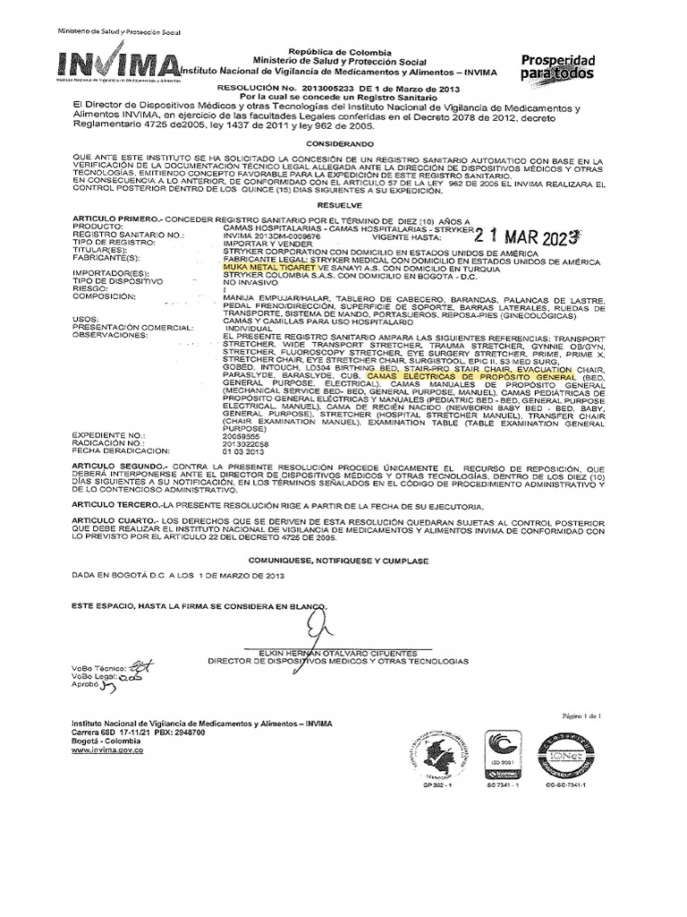 INVIMA 2013DM-0009676 Resolucion 2013005233 Camas Hospitalarias | PDF