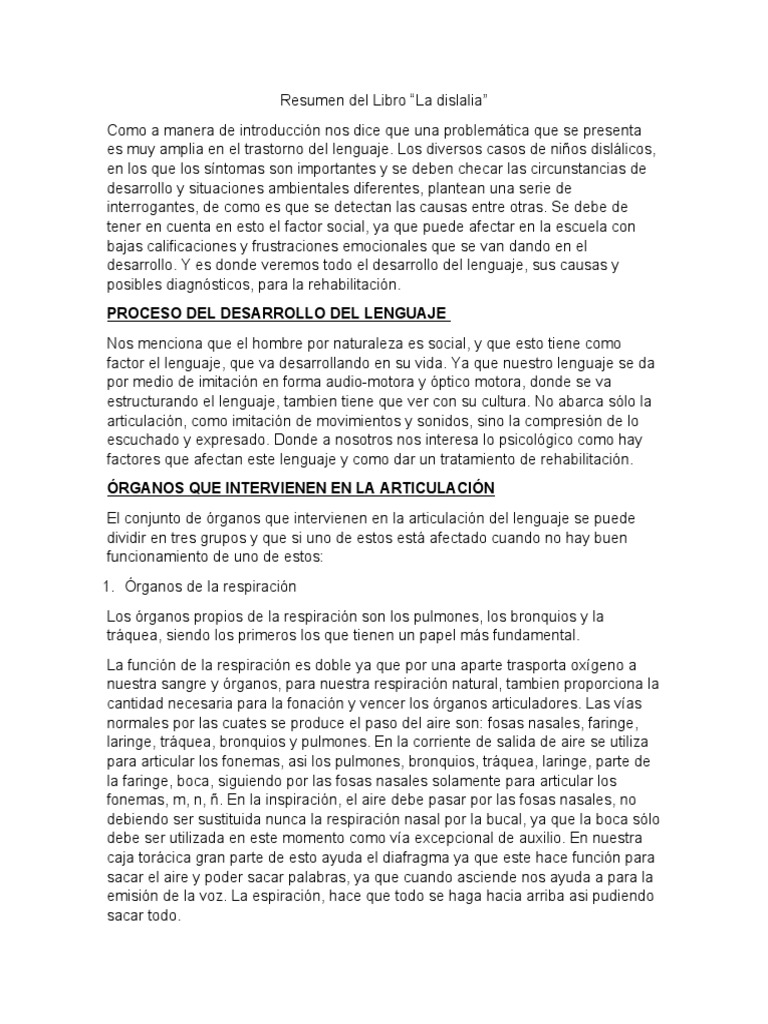 Resumen Del Libro LA DISLALIA | PDF | Ritmo | Respiración