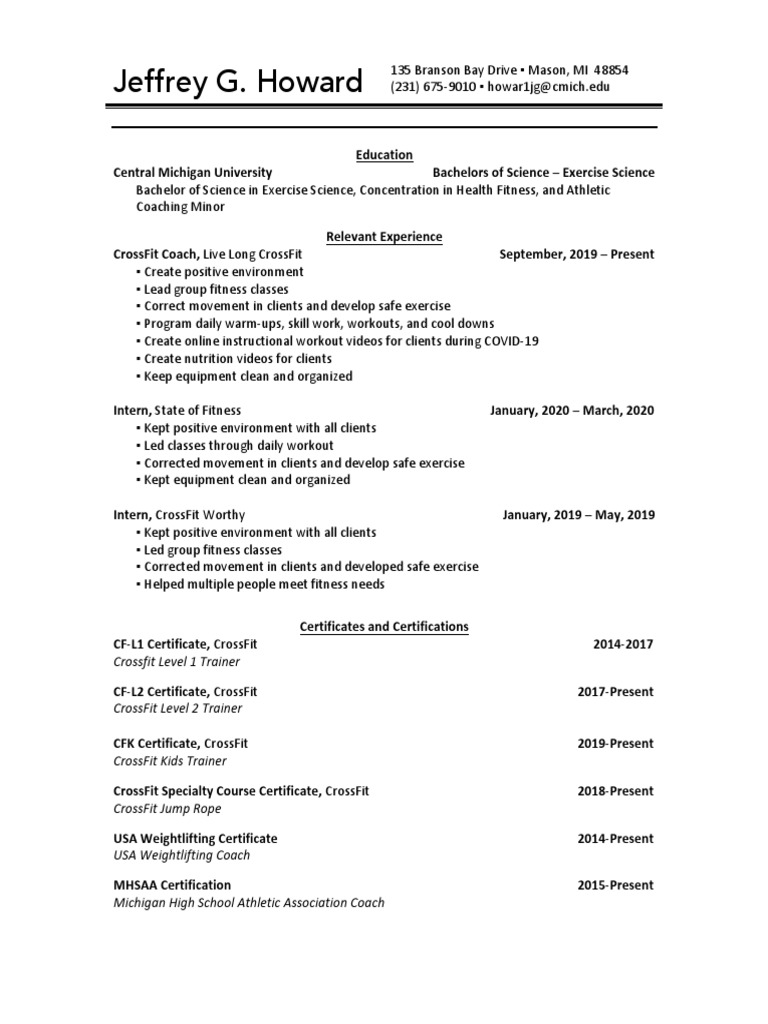 Howard Resume | Download Free PDF | Personal Trainer | Physical Exercise
