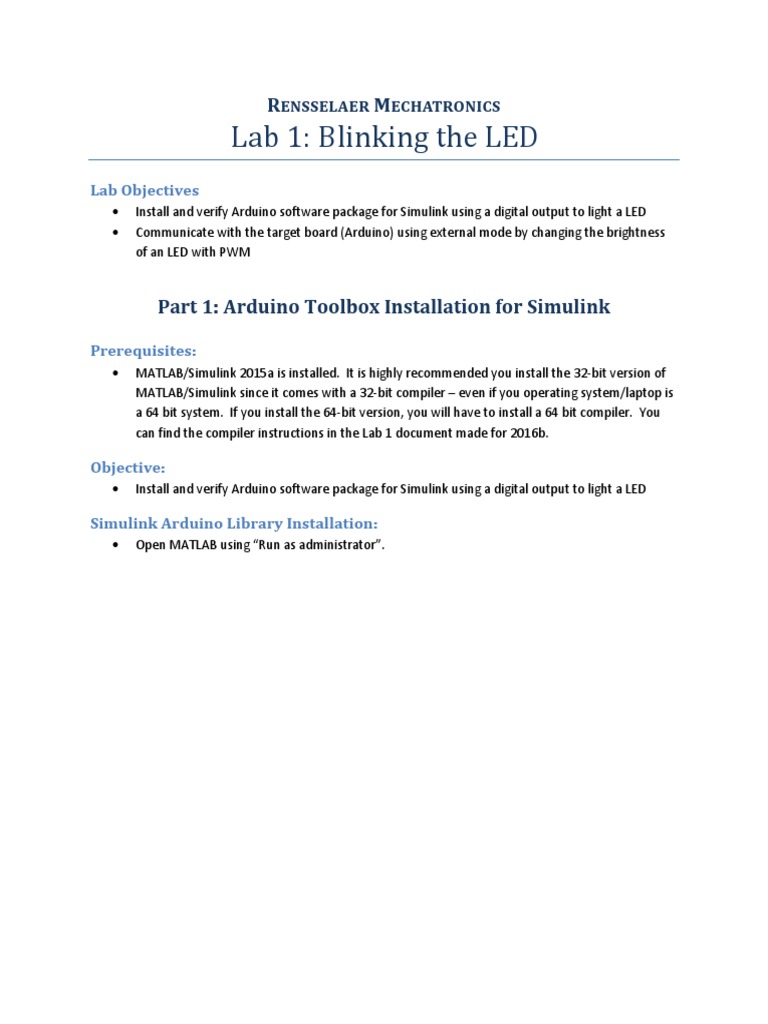 Lab 1 Simulink - Arduino - Intro - Blinking - LED - R17 - 2015a - 2015b | PDF | Arduino | Device ...