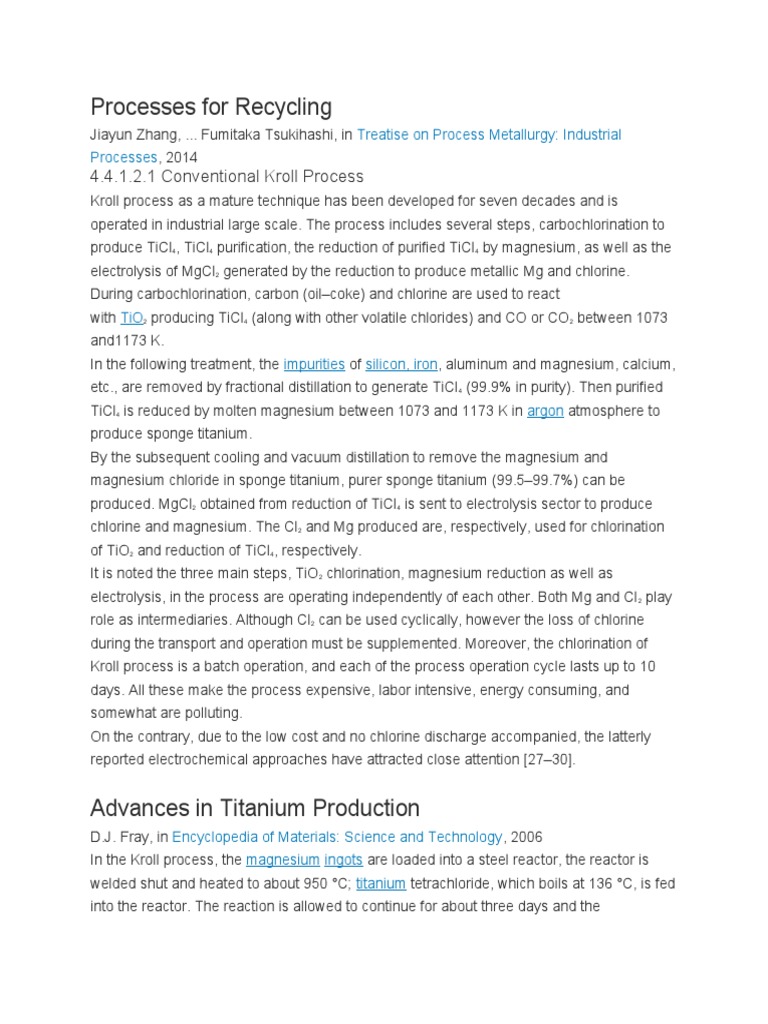 Processes For Recycling: 4.4.1.2.1 Conventional Kroll Process | PDF ...