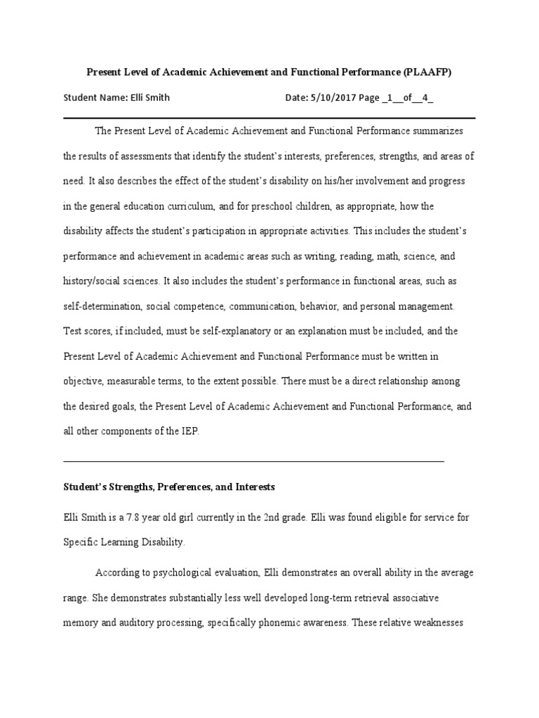 Present Level of Academic Achievement and Functional Performance | PDF ...