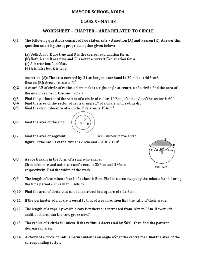 Mayoor School, Noida Class X - Maths Worksheet - Chapter - Area Related ...