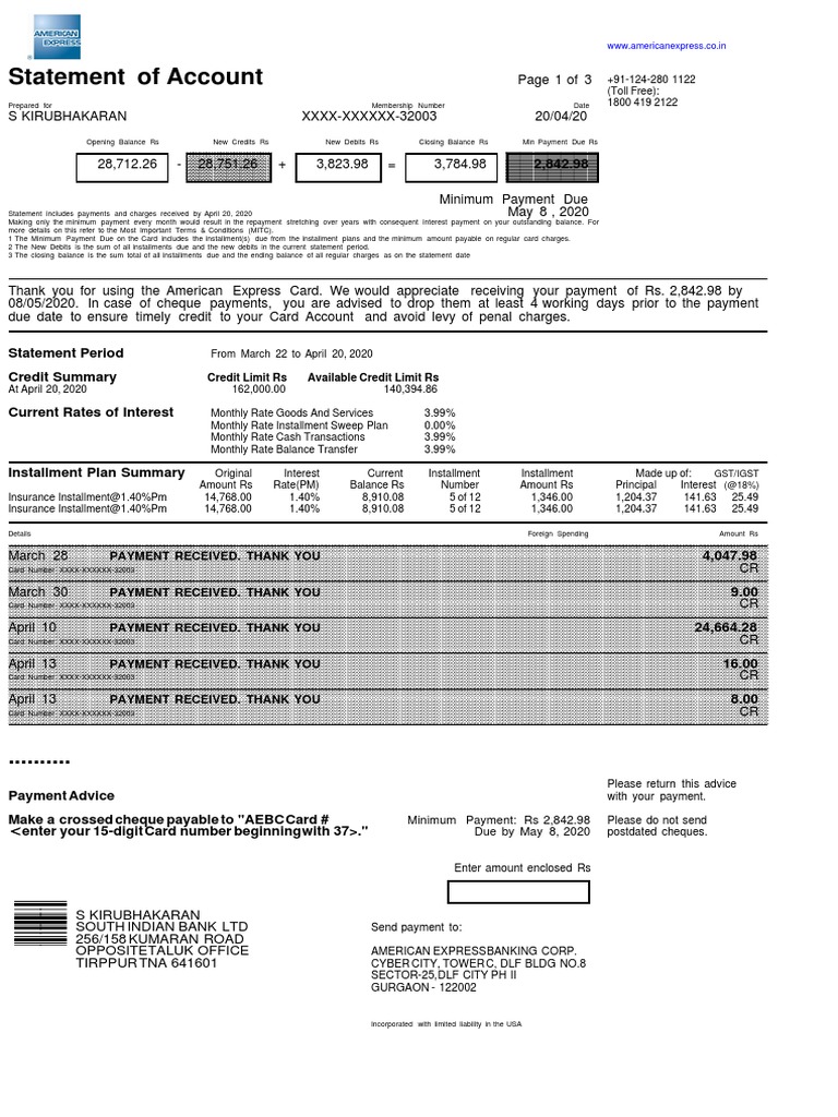 American Express Statement of Account for S Kirubhakaran Summarizing ...