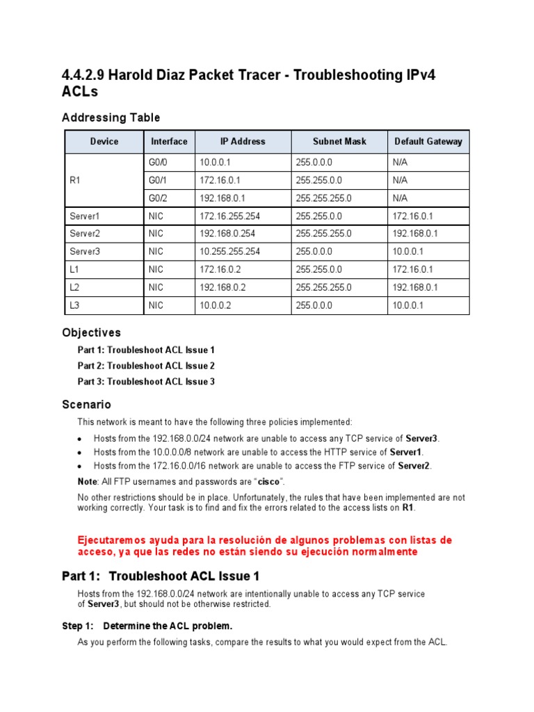 4.4.2.9 Harold Diaz Packet Tracer - Troubleshooting IPv4 ACLs | PDF | Network Interface ...