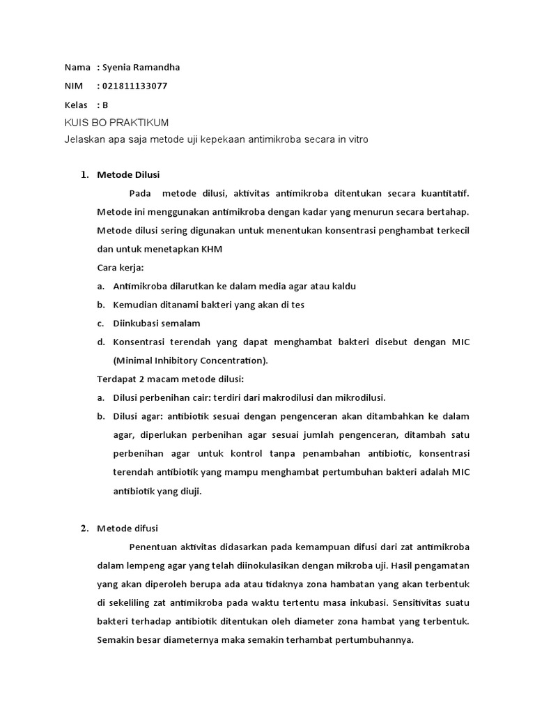 Metode Dilusi: Kuis Bo Praktikum Jelaskan Apa Saja Metode Uji Kepekaan ...