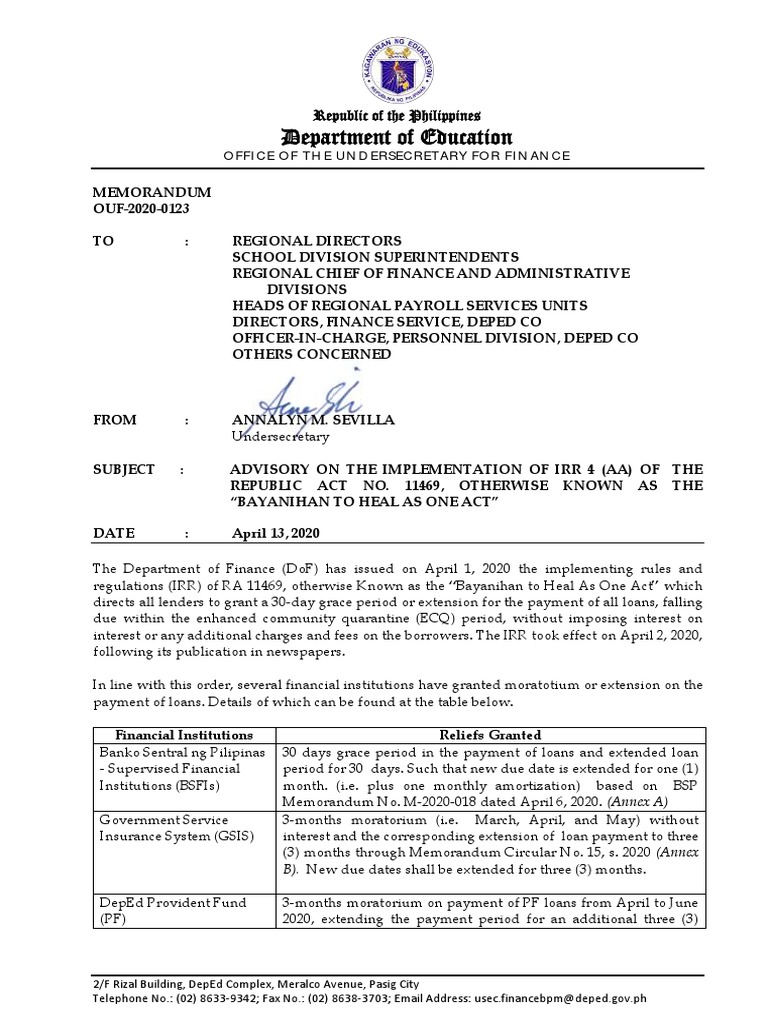 Memo OUF 2020 0123 Implementation of IRR 4aa of RA 11469 PDF | PDF ...