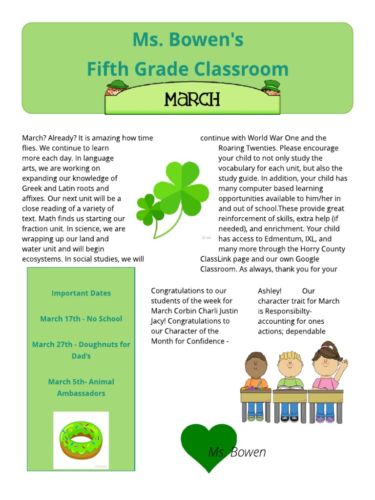March Updates for Fifth Grade Class | PDF