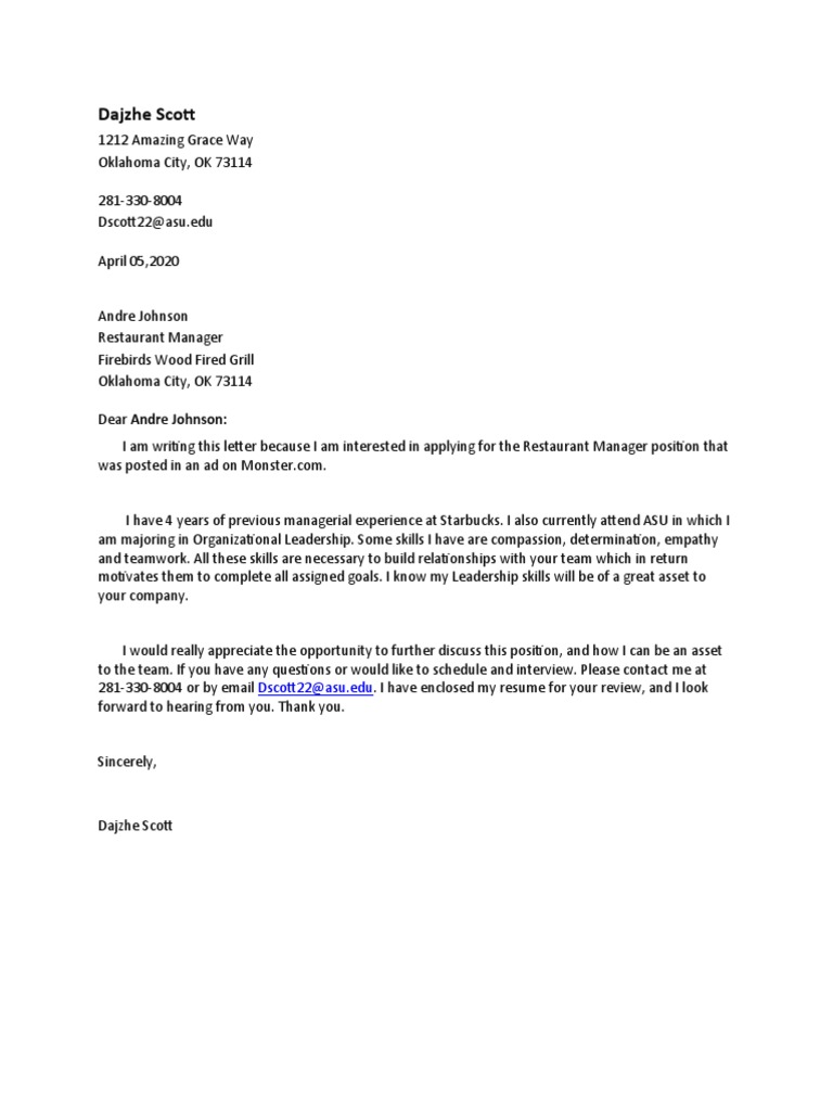 Dajzhe Scott Cover Letter | PDF