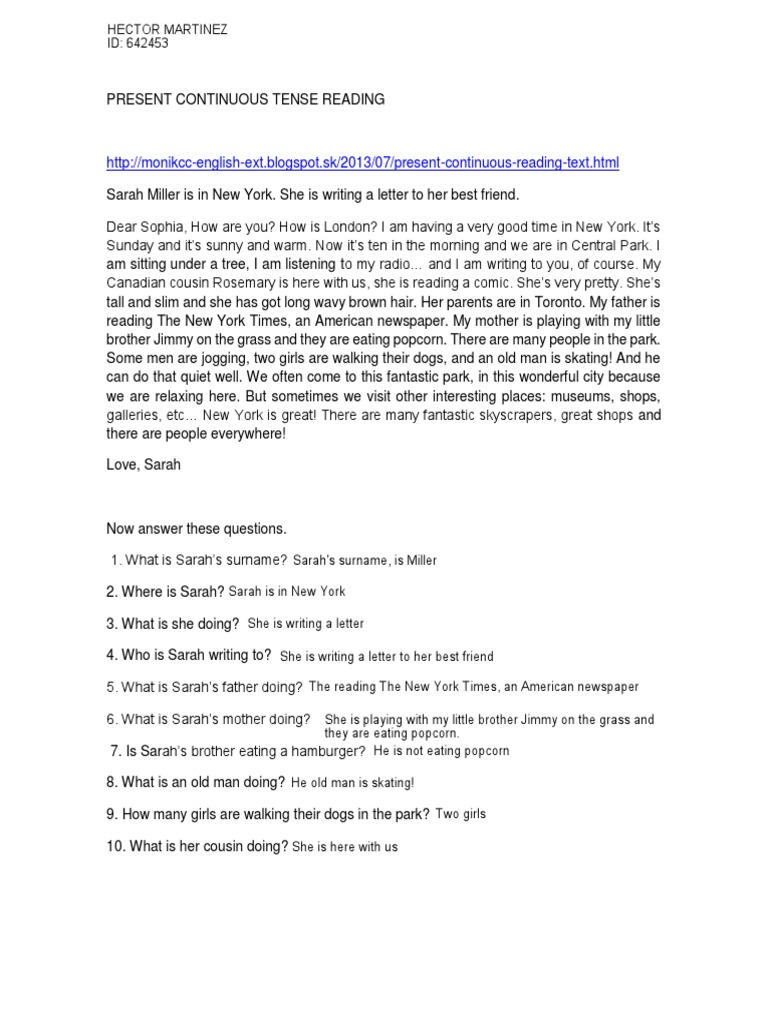Present Continuous Reading Exercise | PDF
