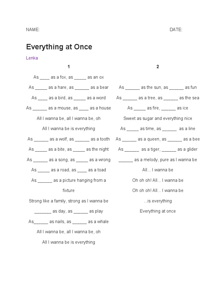 Lenka Everything at Once Worksheet | PDF