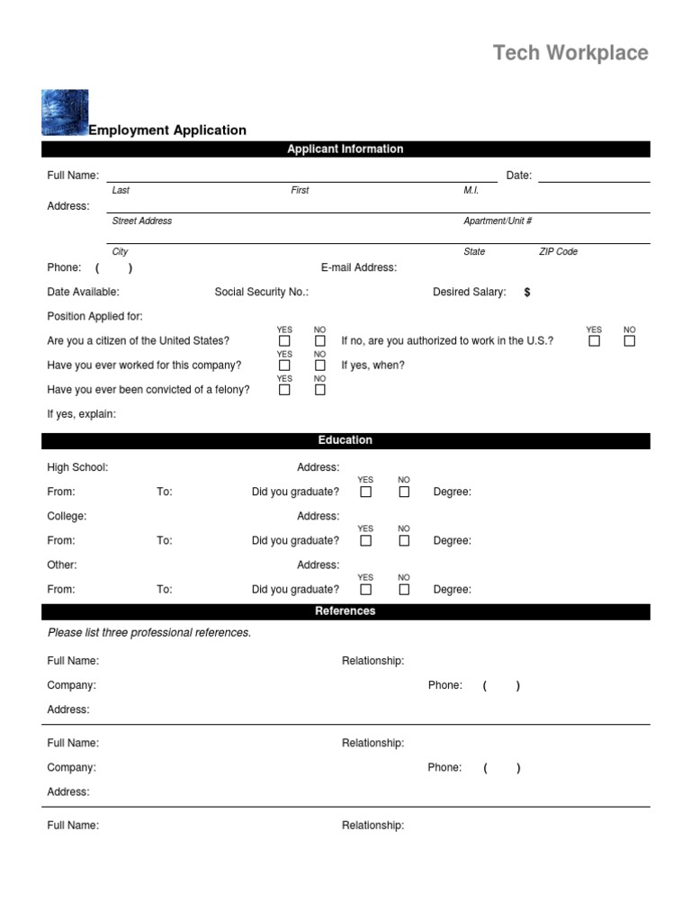 Tech Workplace: Employment Application | PDF | Military Discharge ...