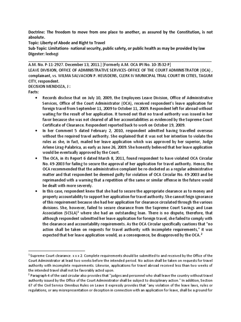 A9 Leave Division, OAS-OCA V Heusdens | PDF | Freedom Of Movement | Human Trafficking