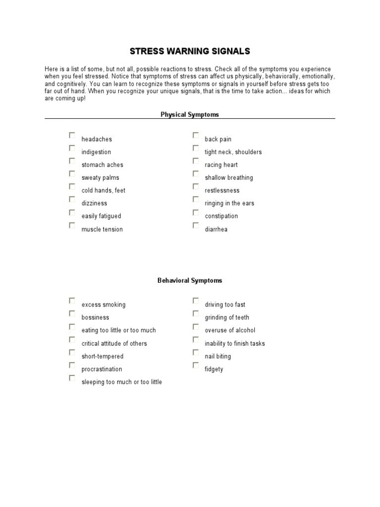 Activity 10 - Stress Warning Signals Worksheet | PDF | Symptom | Anxiety