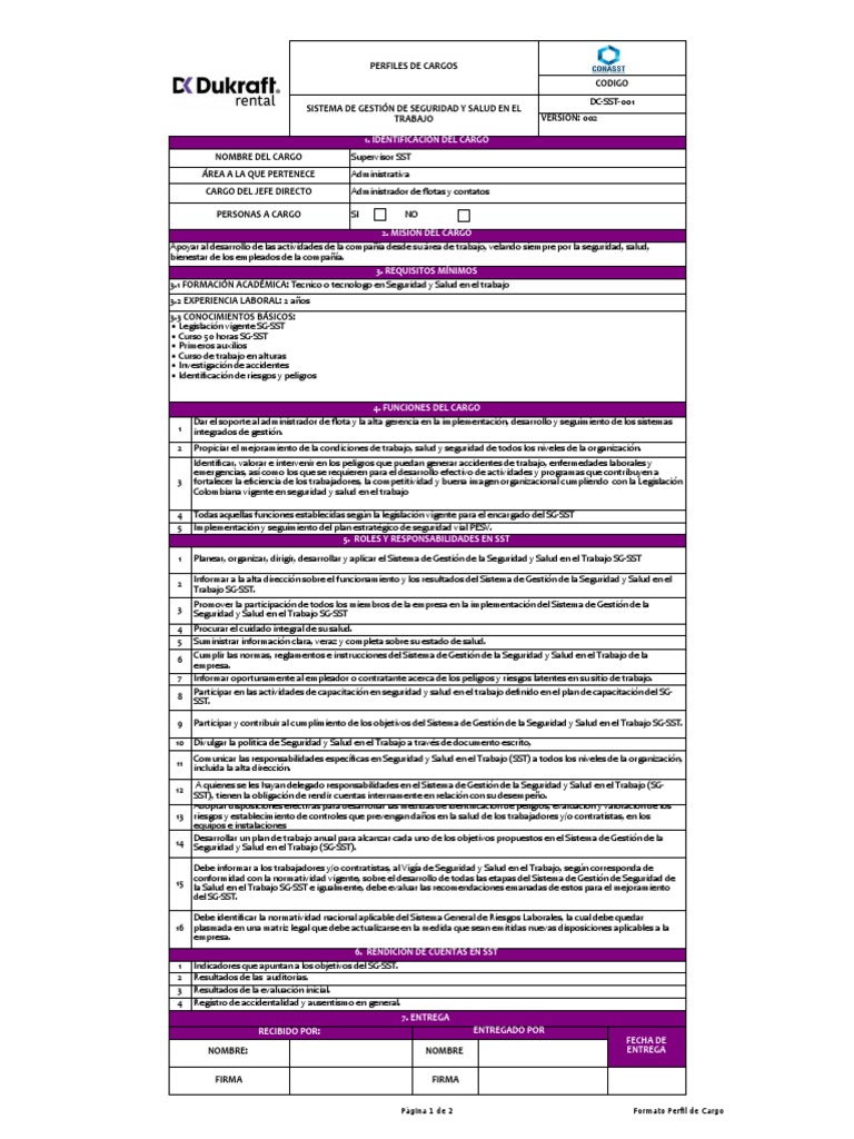 DC-SST-001. Perfil de Cargo Supervisor SST | PDF | Seguridad y salud ... DC-SST-001. Perfil de Cargo Supervisor SST | PDF | Seguridad y salud ...
