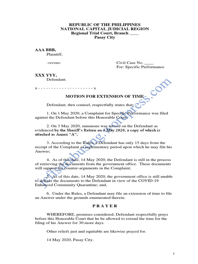 MOTION - Extension of Time | PDF | Complaint | Legal Procedure