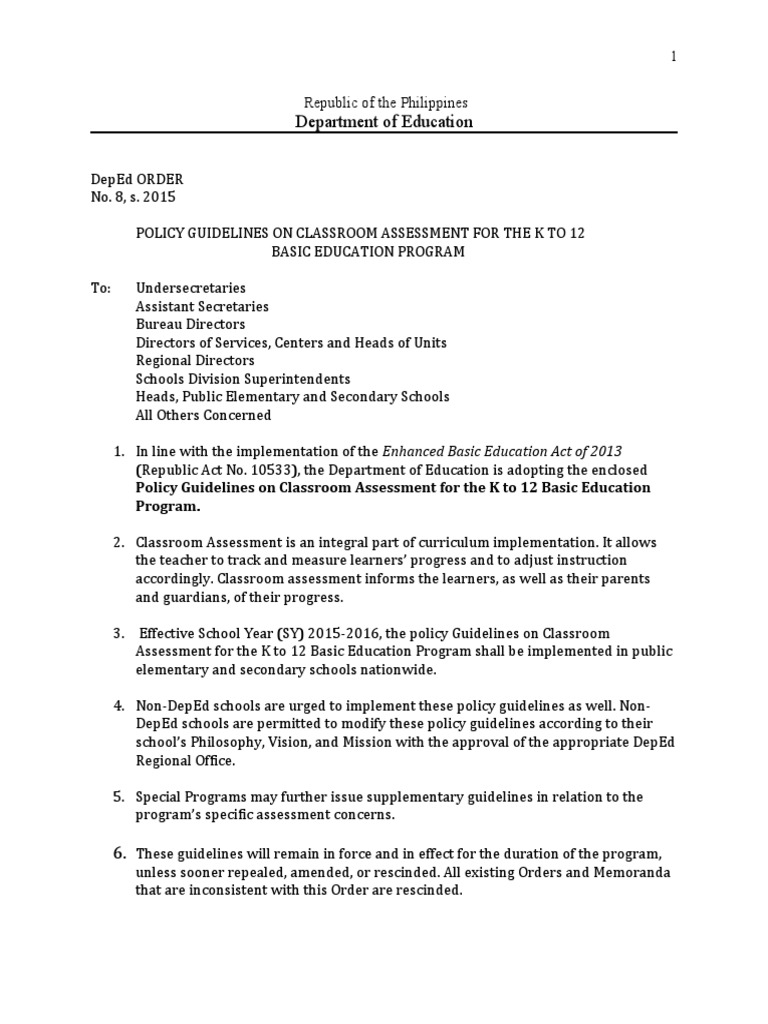 Department of Education: Policy Guidelines On Classroom Assessment For ...