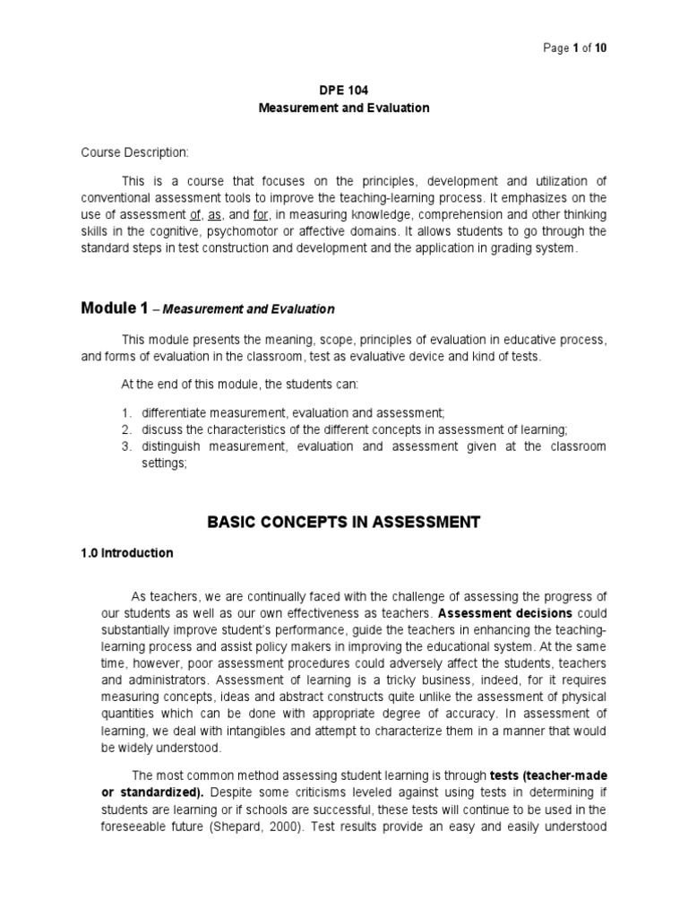 DPE 104 Measurement and Evaluation: Page 1 of 10 | Download Free PDF ...