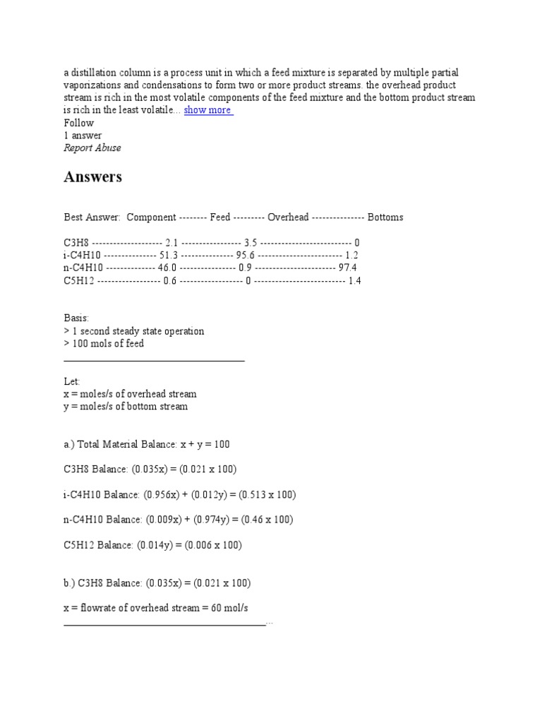 Distillation Column Material Balances | PDF