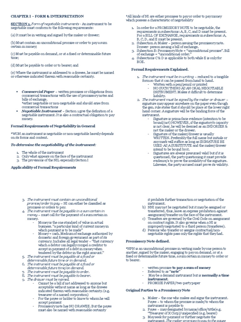 Chapter I - Form & Interpretation SECTION 1. Form of Negotiable ...