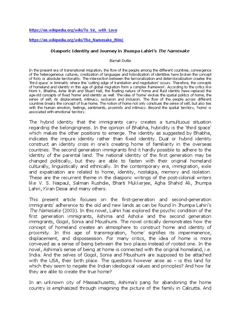 Diasporic Identity and Journey in Jhumpa Lahiri's: The Namesake | PDF ...