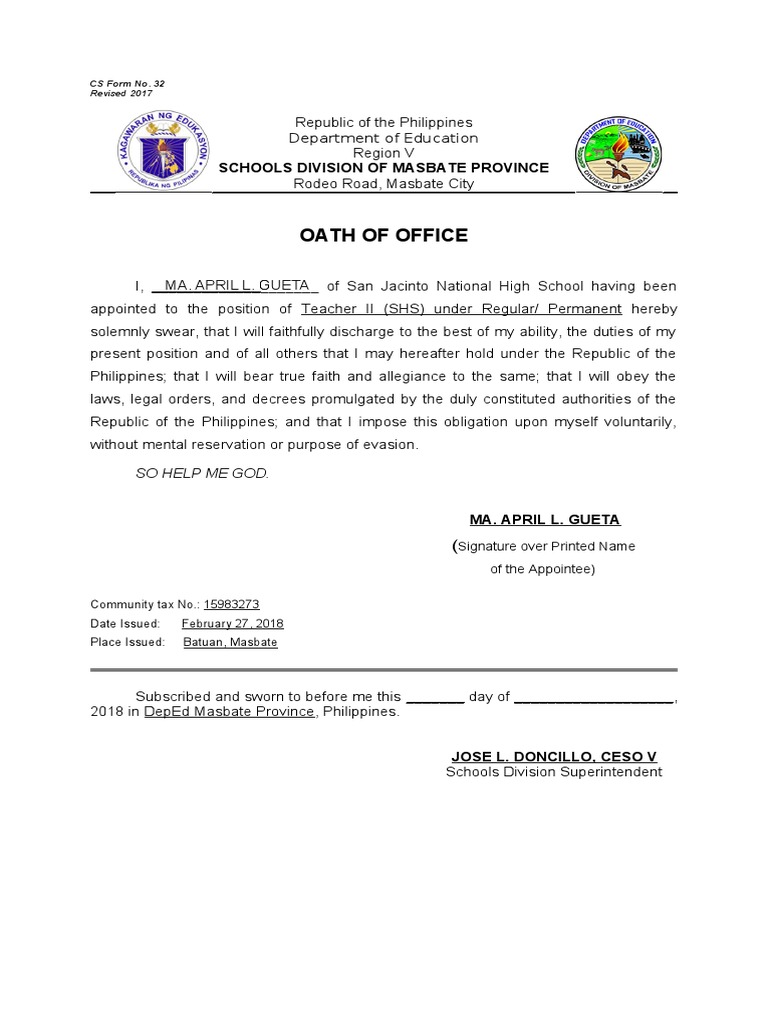 CS Form No. 32 Oath of Office | PDF