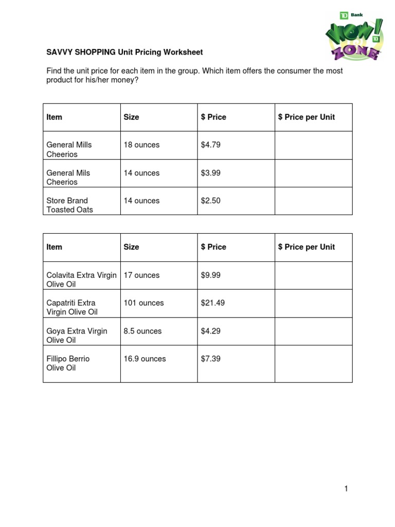 SAVVY SHOPPING Unit Pricing Worksheet | PDF