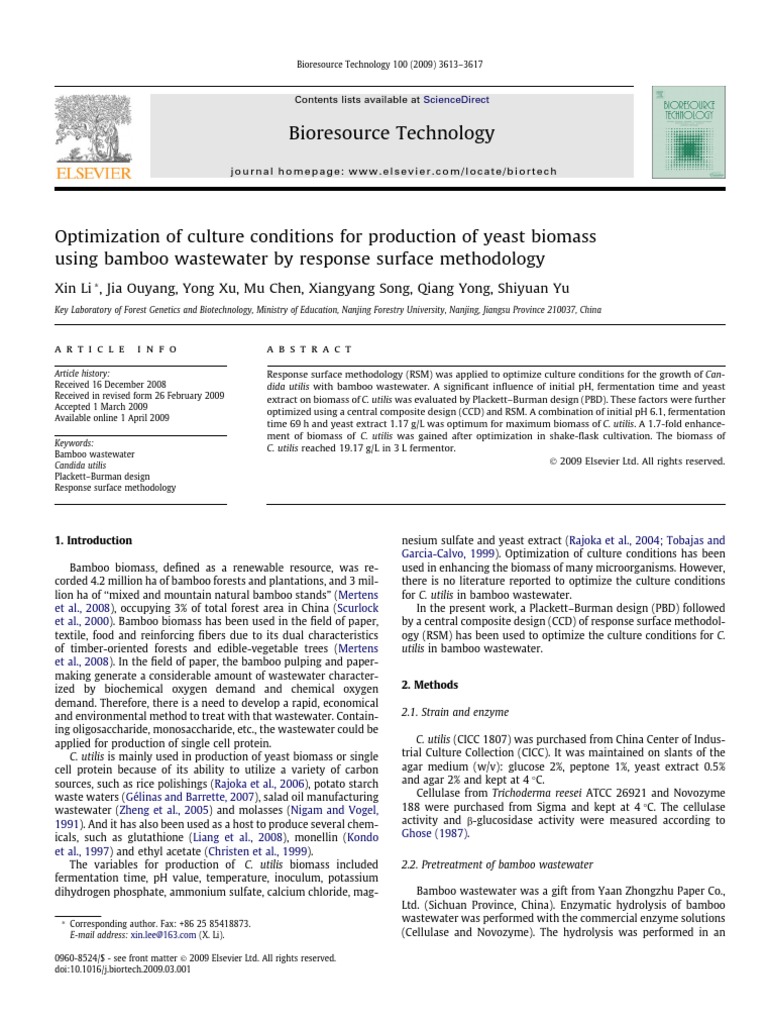Li 2009 Optimization of Culture Conditions For Production of Yeast Biomass | PDF | Yeast ...