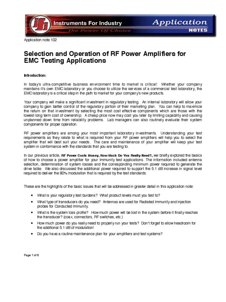 Selection and Operation of RF Power Amplifiers For EMC Testing ...