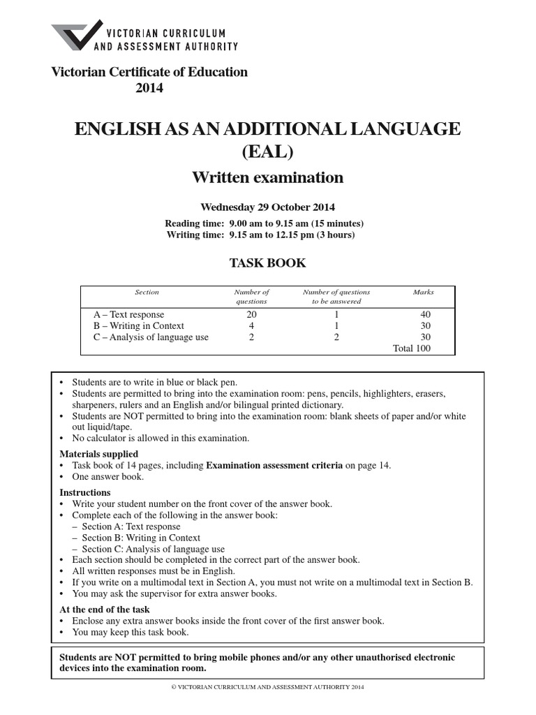 English As An Additional Language (EAL) : Written Examination | PDF ...