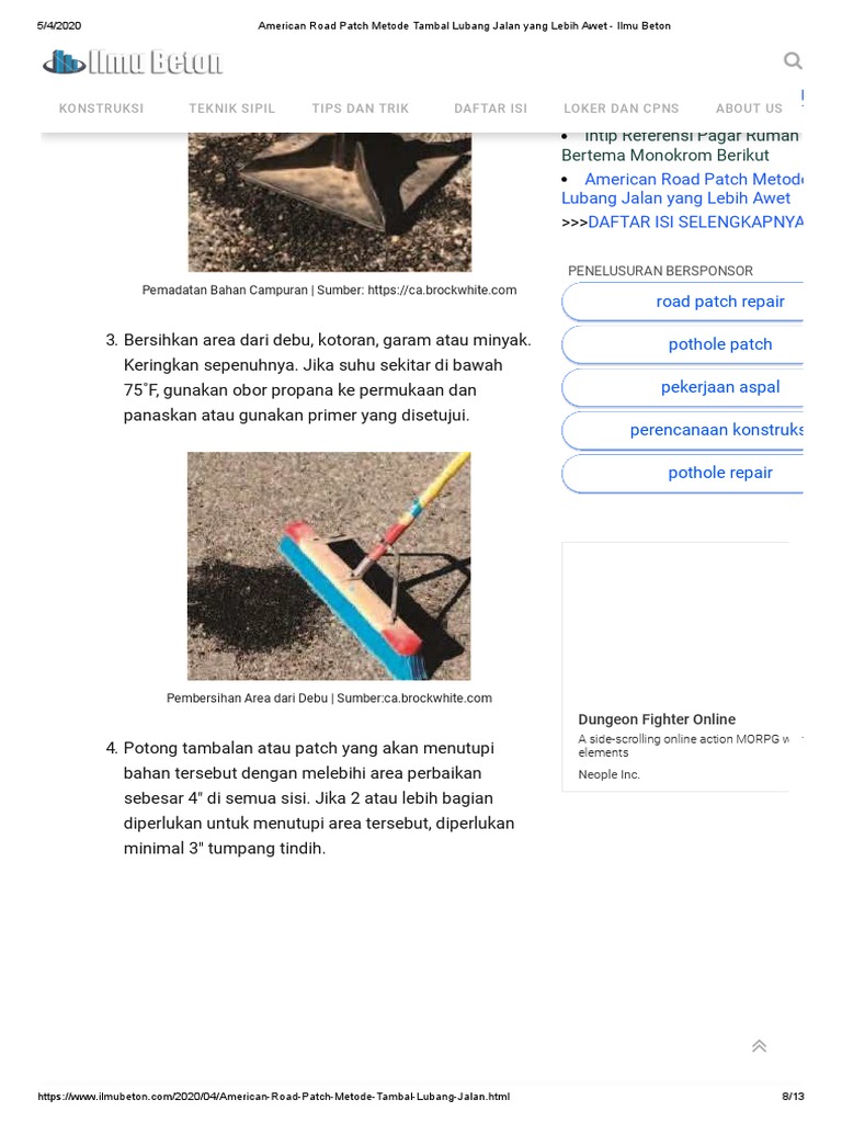 American Road Patch Metode Tambal Lubang Jalan Yang Lebih Awet 8-13 - Ilmu Beton | PDF