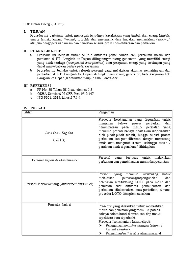 SOP Isolasi Energi | PDF