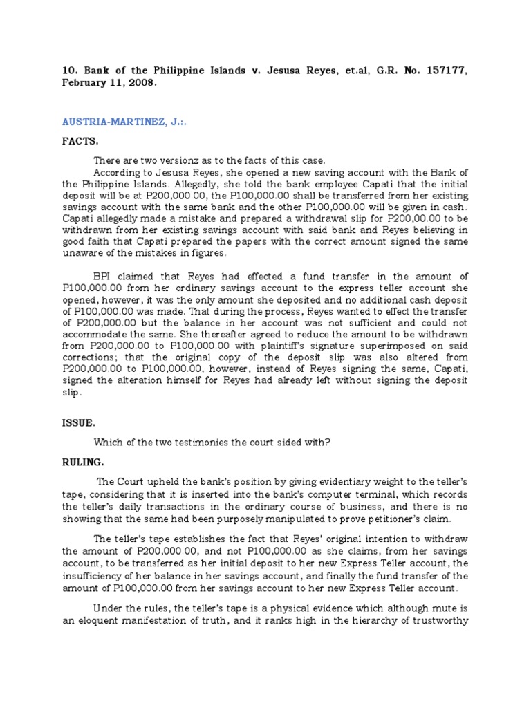 BPI V Reyes | PDF | Banks | Evidence
