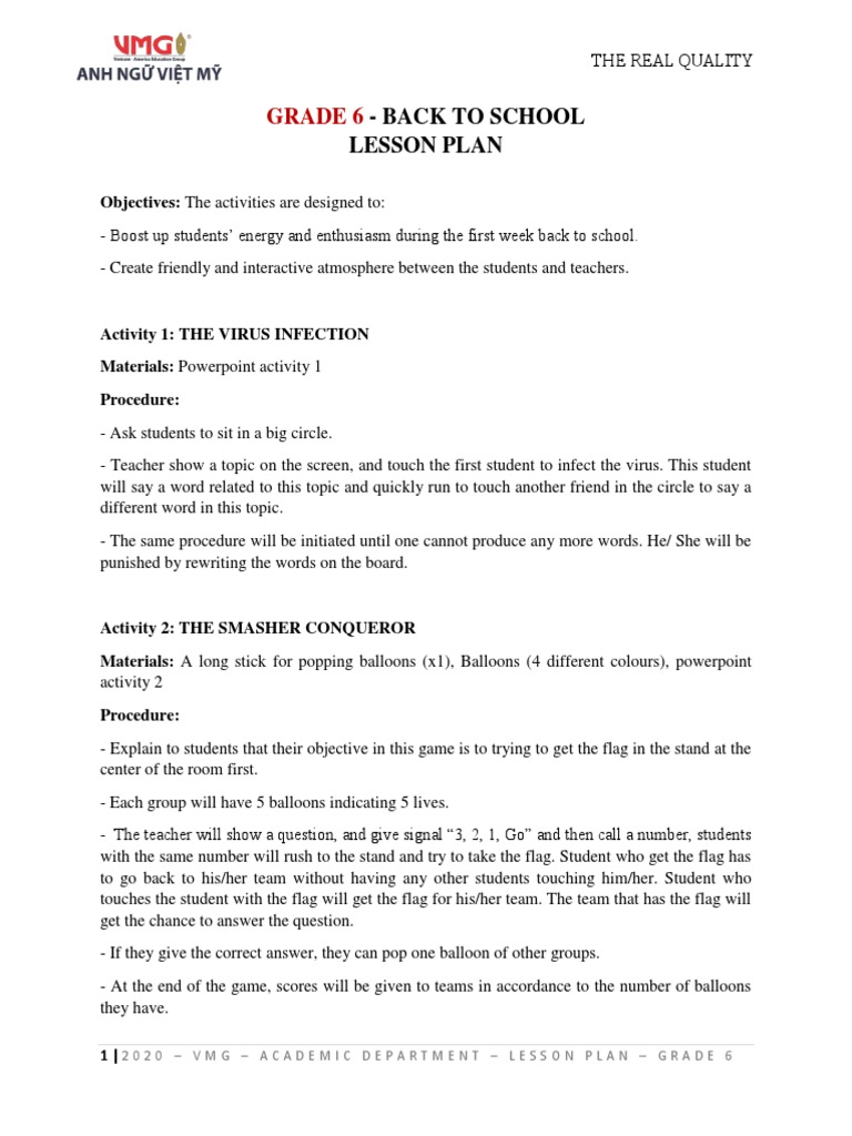 Grade 6: - Back To School Lesson Plan | PDF | Lesson Plan | Teachers