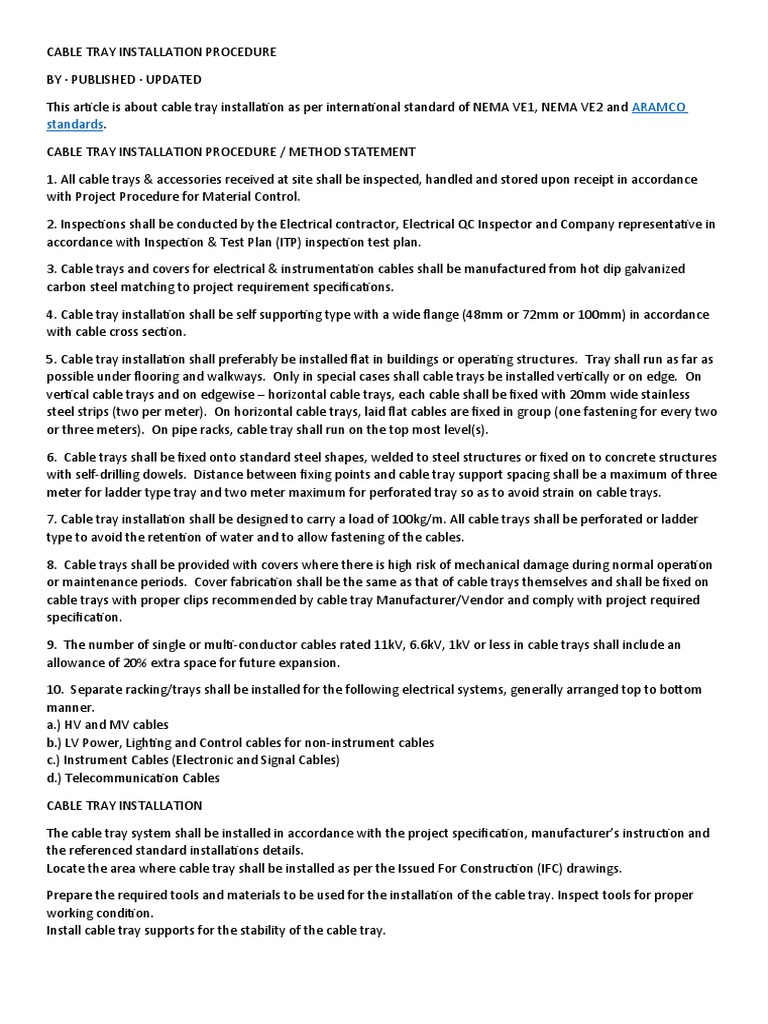 Cable Tray Installation Procedure | PDF | Electrical Wiring ...