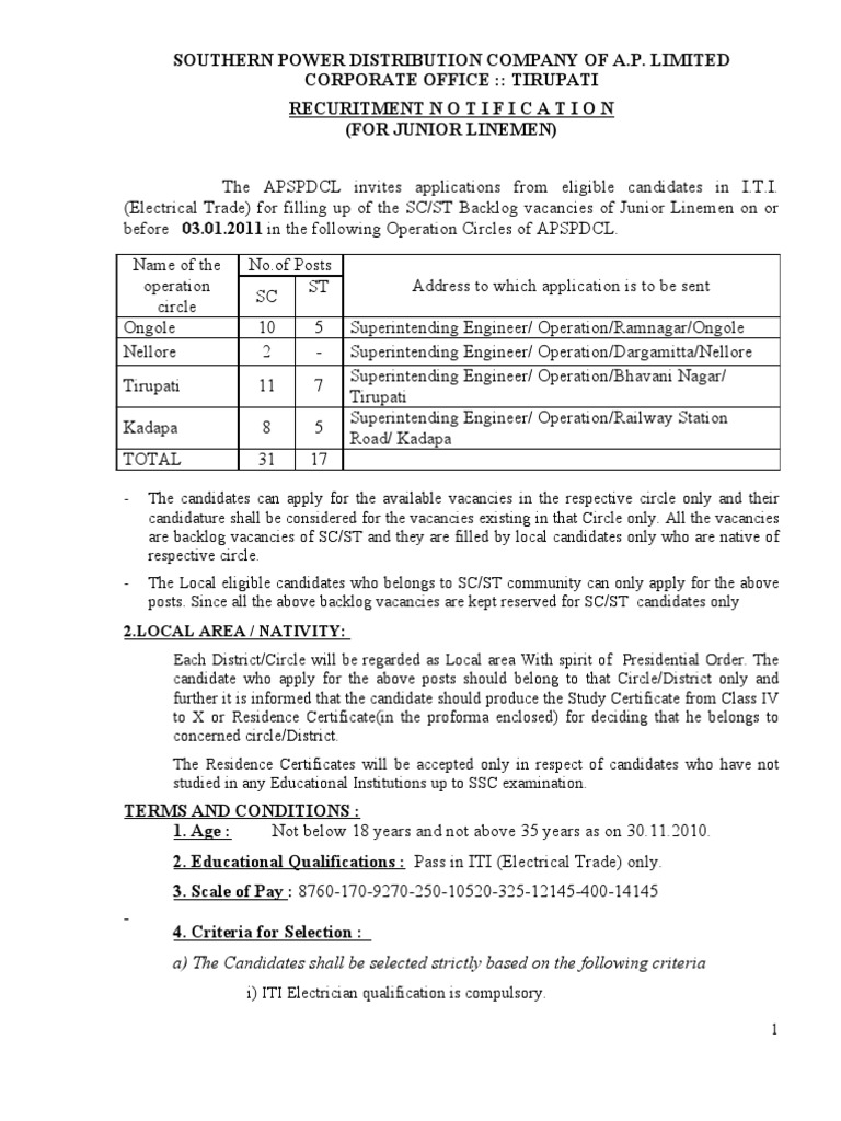 APSPDCL JLM-Notification - 2010 | PDF | Government | Social Institutions