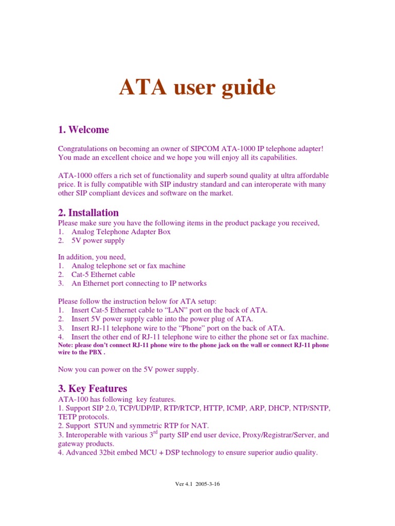 Sipcom Ata 1000 Ip Fxs 1 Port 8bits 100 Sip Voip Ata Pdf Session Initiation Protocol