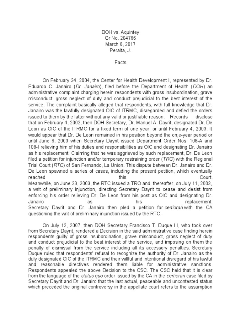 DOH Vs Aquintey Gross Insubordination | PDF | Certiorari | Injunction