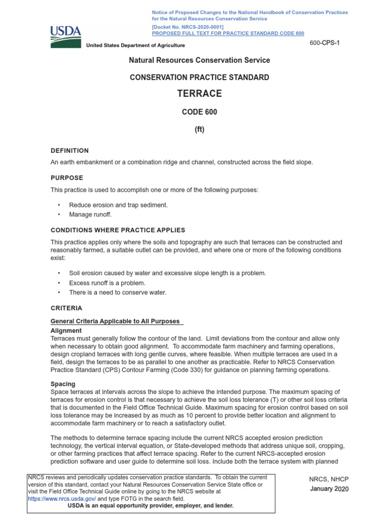 NRCS Terrace Practice Standard Code 600 | PDF | Surface Runoff | Flood