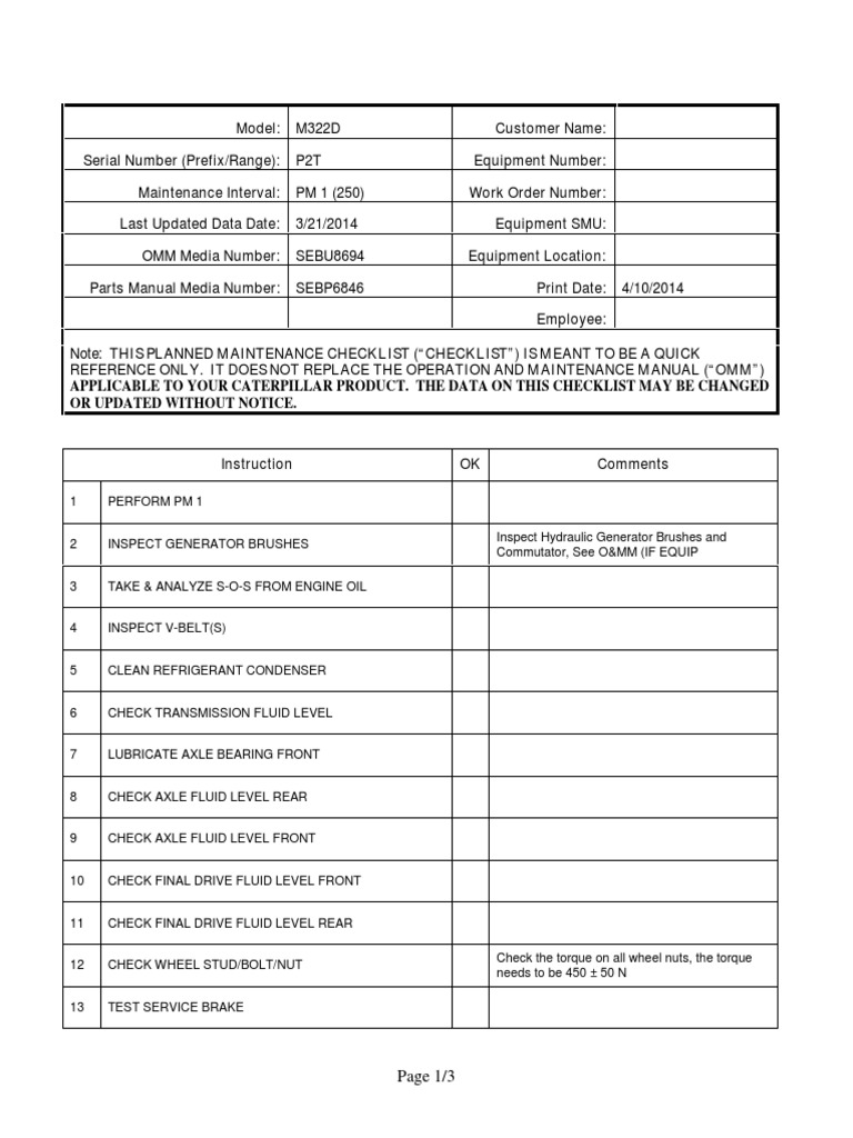 Checklist 07 M322D P2T 00001 99999 PM - 1 | PDF | Axle | Transmission ...