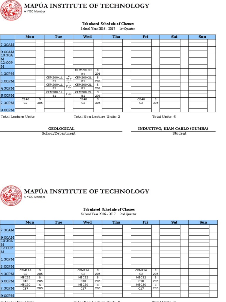 Tabulated Schedule of Classes: Mon Tue Wed Thu Fri Sat Sun | PDF