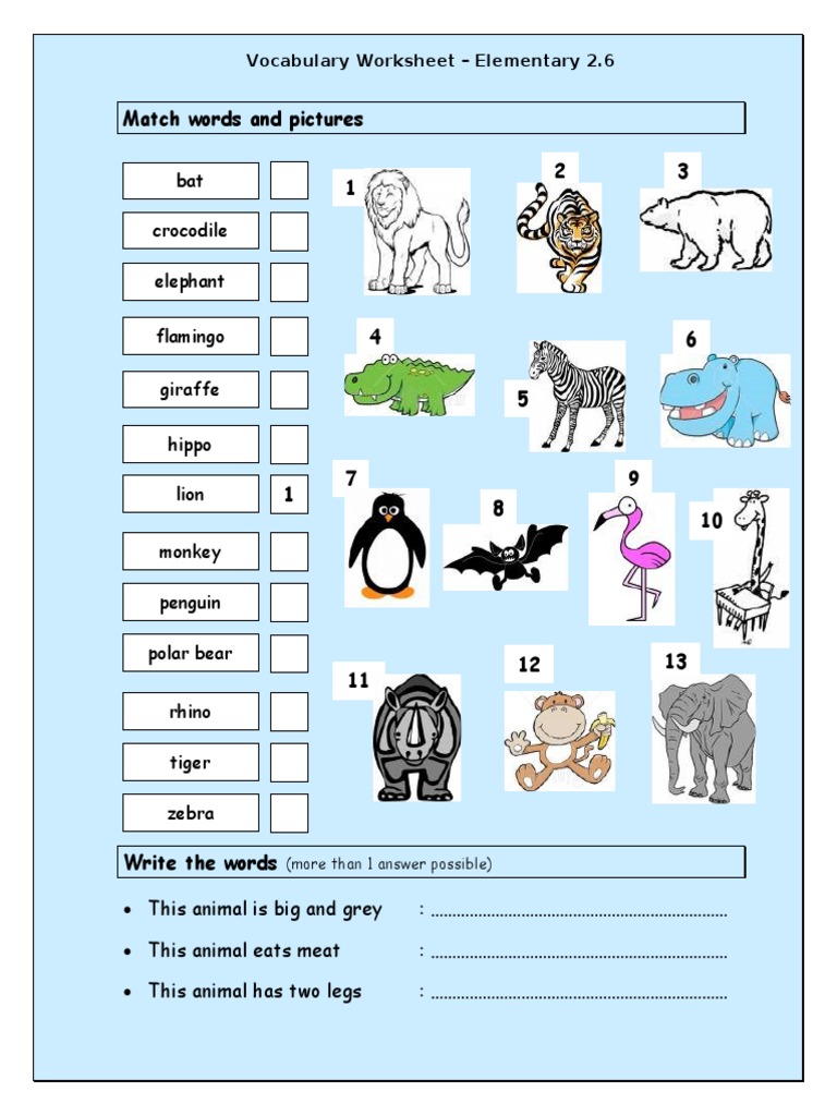Vocabulary Matching Worksheet Elementary 26 Wild A - 12289 | PDF