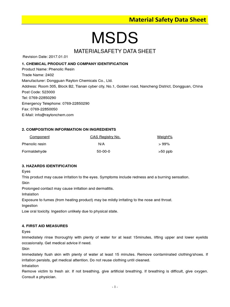 MSDS-Phenolic Resin 2402 PDF | PDF | Dangerous Goods | Resource ...