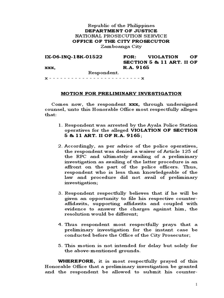 Motion For Preliminary Investigation Sample | PDF | Prosecutor | Misconduct