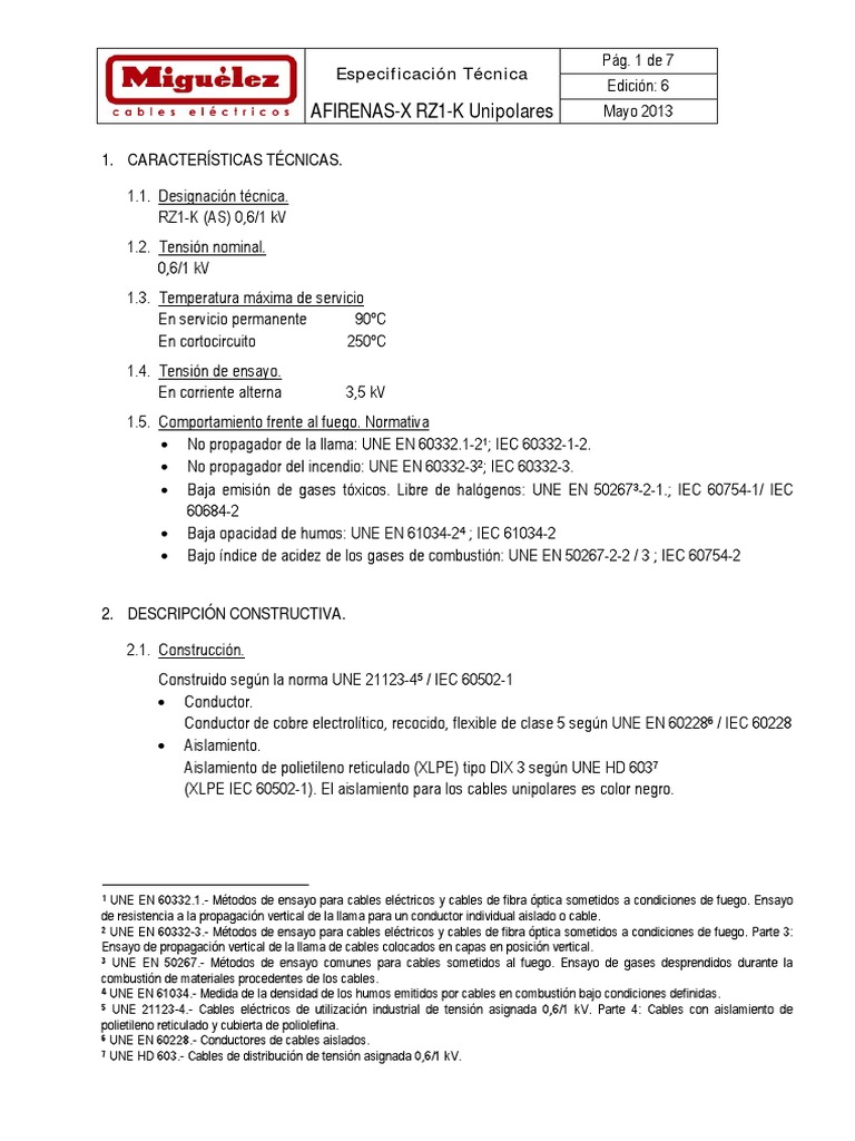 Ficha Técnica Afirenas-X RZ1-K Unipolar | PDF | Electricidad | Electromagnetismo